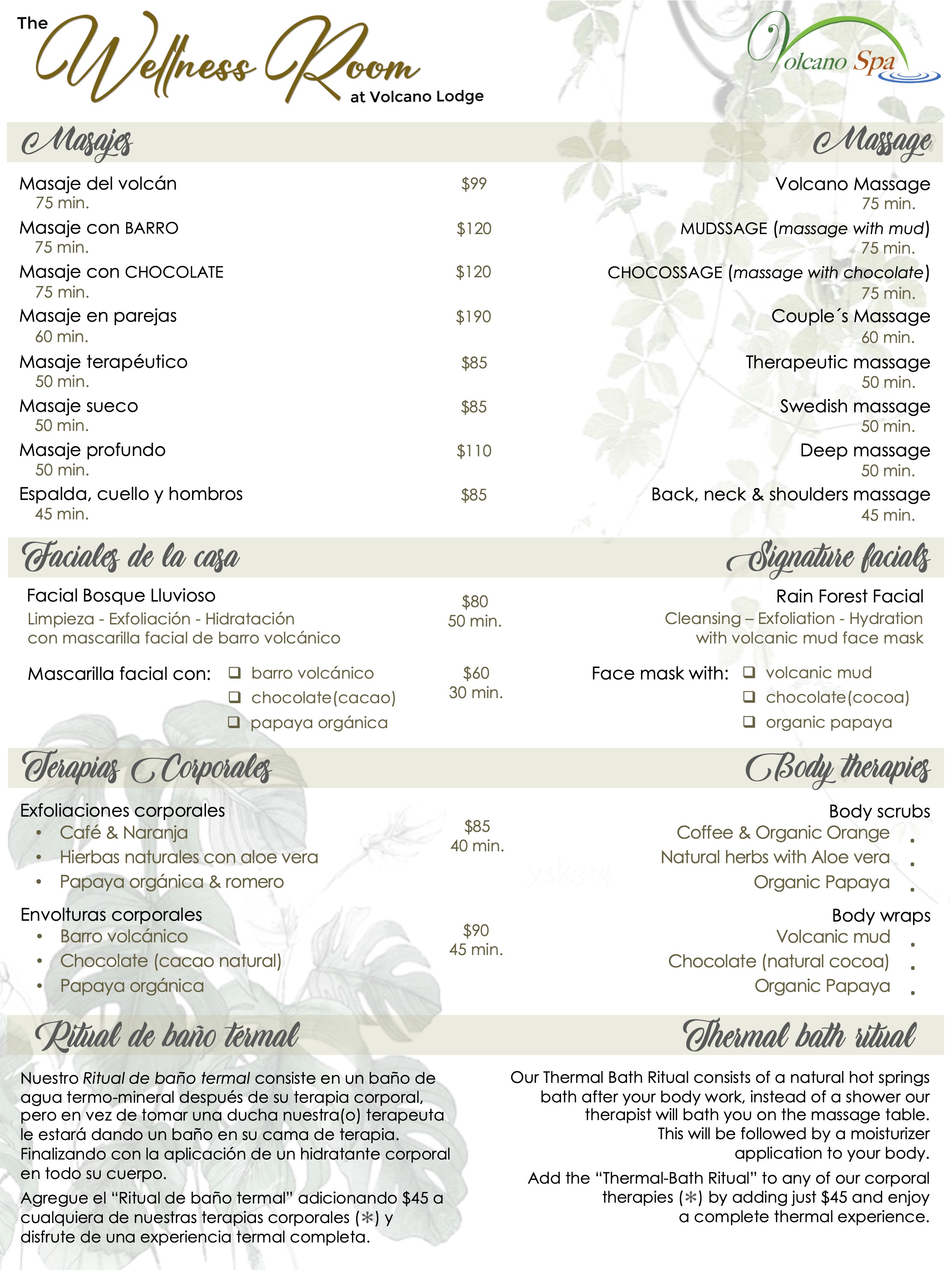 TARIFAS DE SPA | SPA RATES | Volcano Lodge, Hotel & Thermal Experience